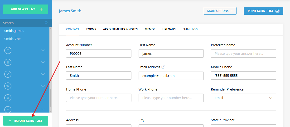 How to export a list of your clients – ClinicSense
